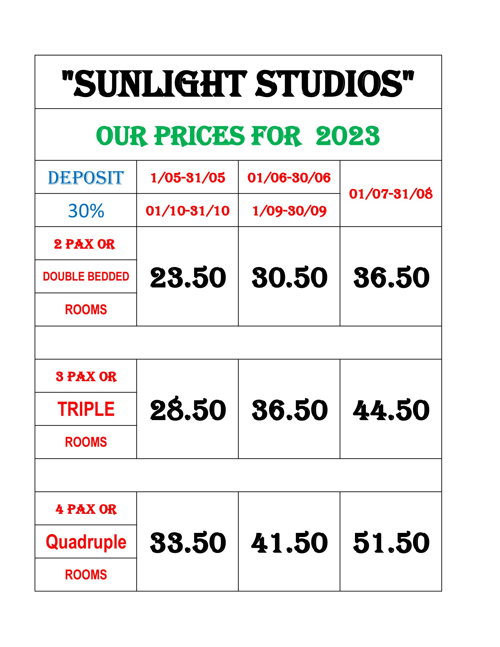 Price list - Sunlight Studios Theologos (Tholos) studios Rhodes island